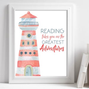 Printable Lighthouse Watercolor Art, Book Lovers Gift, Reading Nook ...