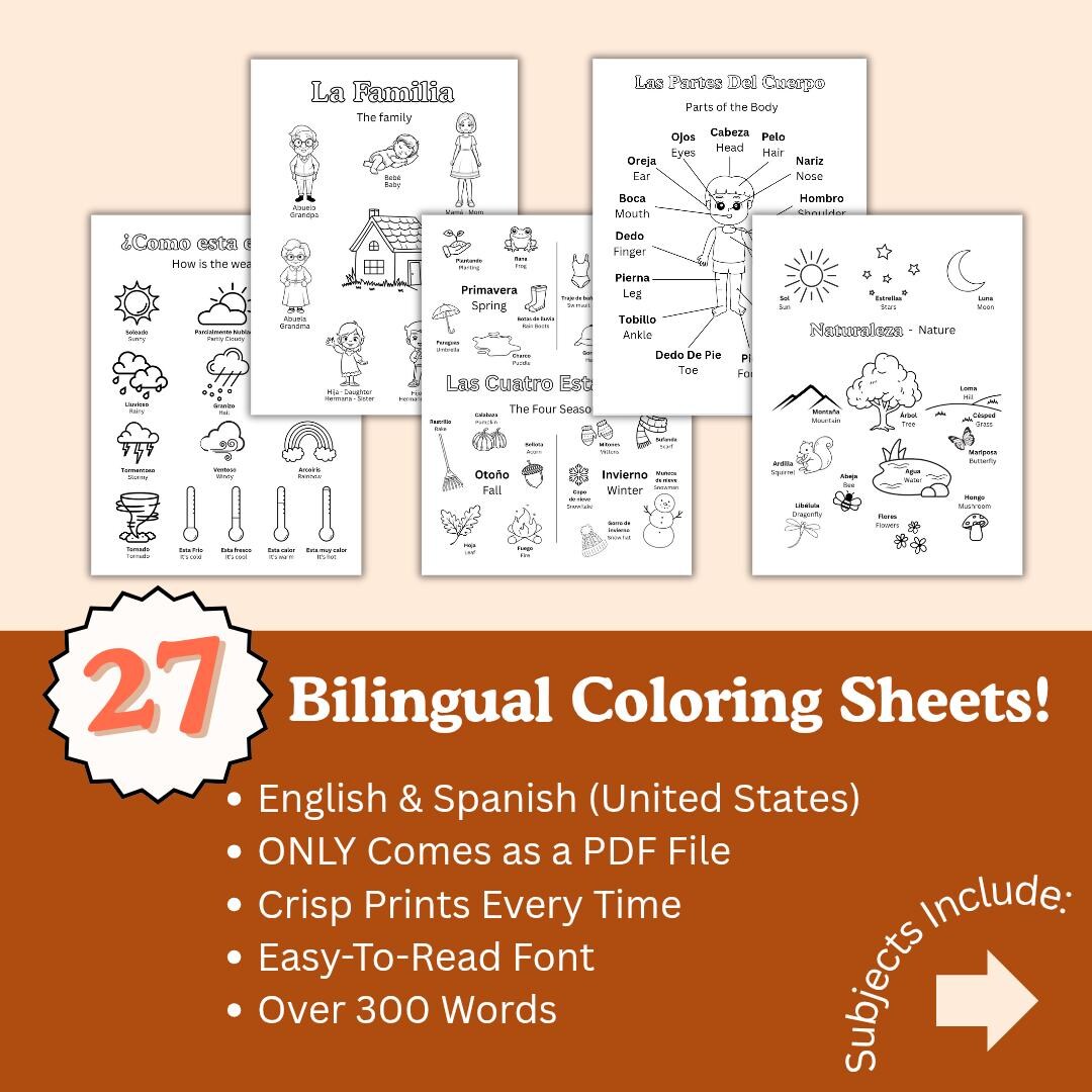 Bilingual English Spanish Coloring Pages | Kids Learning (PDF Pattern ...