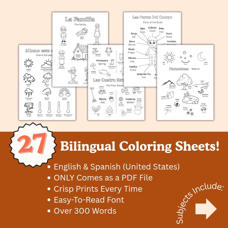 Bilingual English Spanish Coloring Pages | Kids Learning (PDF Pattern ...