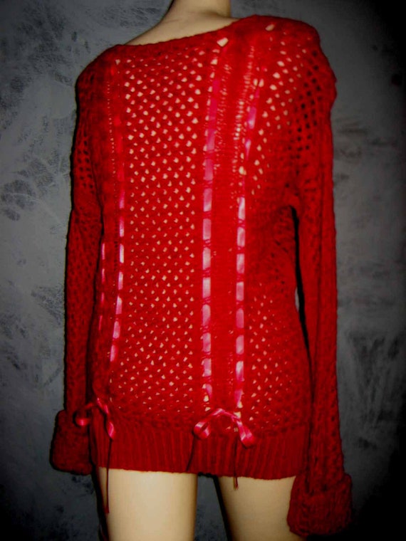 Red Sweater Soft Open Weave Wool Mohair Satin Ribbon … - Gem