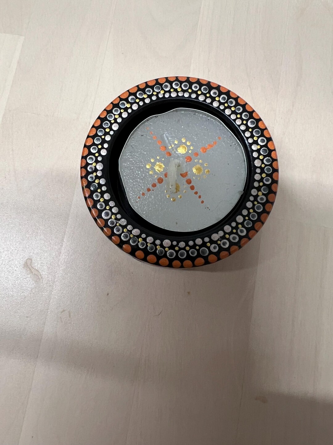 Hand Cast, Hand Painted Single Tea Light Holder. Gold and Orange ...