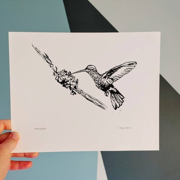Linocut Print Hummingbird - Etsy