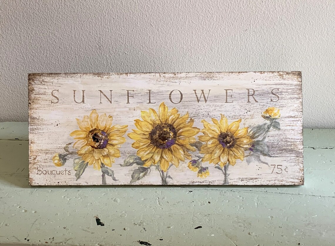 Sunflower Art Print Sign on Wood Cottage Style Flower Wall Decor by ...