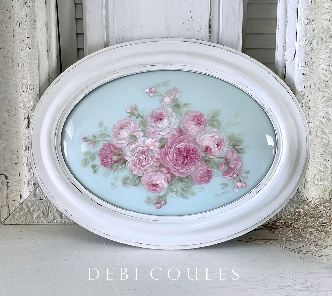 Shabby Chic Antique Hand Painted Roses Framed Bubble Glass Original by ...