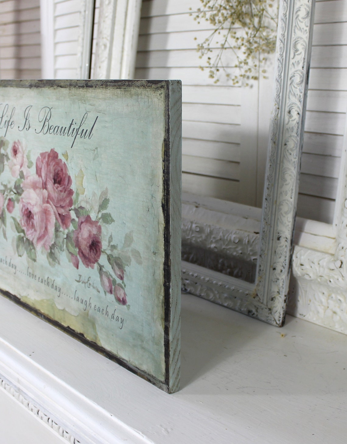 Shabby Chic Life is Beautiful Pink Roses Wood Sign Art Sign - Etsy