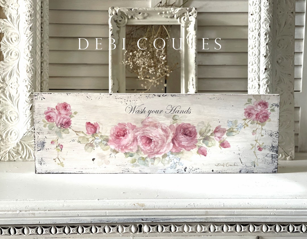Shabby Chic Pink Roses Wood Print Sign Wash Your Hands Flower - Etsy