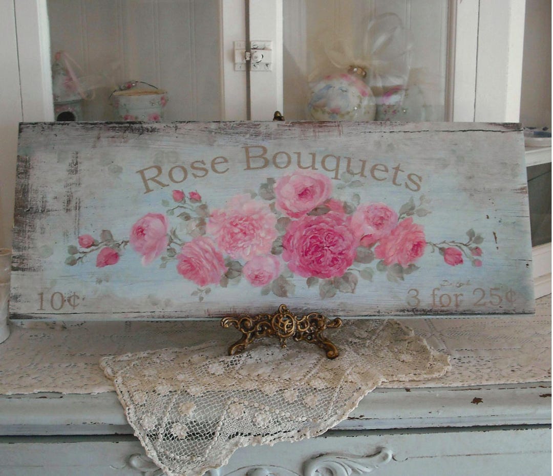 Shabby Chic Roses Wood Print Sign Flower Wall Art Romantic Cottage by ...