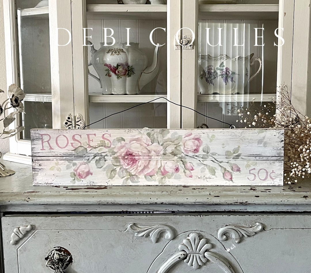 Letrero de madera con rosas estilo shabby chic: arte floral vintage de ...