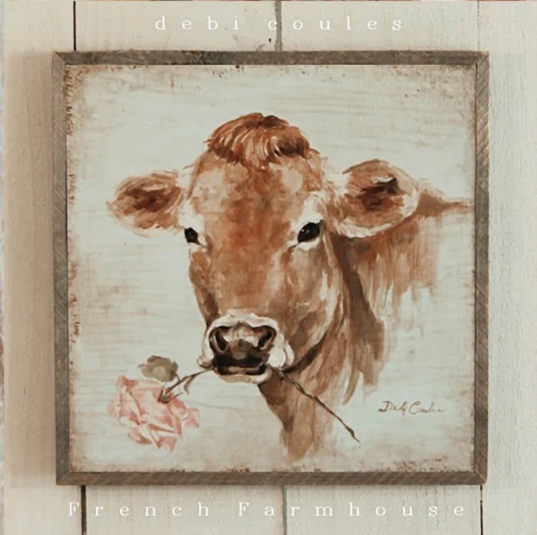 Cow With Rose Print: Rustic Farmhouse Wood Wall Art by Debi Coules - Etsy