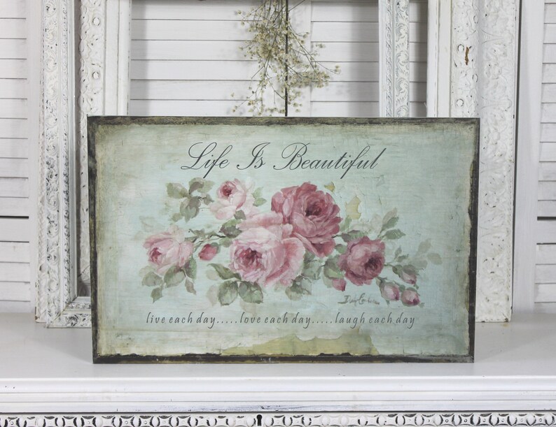 Shabby Chic Pink Roses Wooden Sign: Cottagecore Wall Art by Debi Coules ...