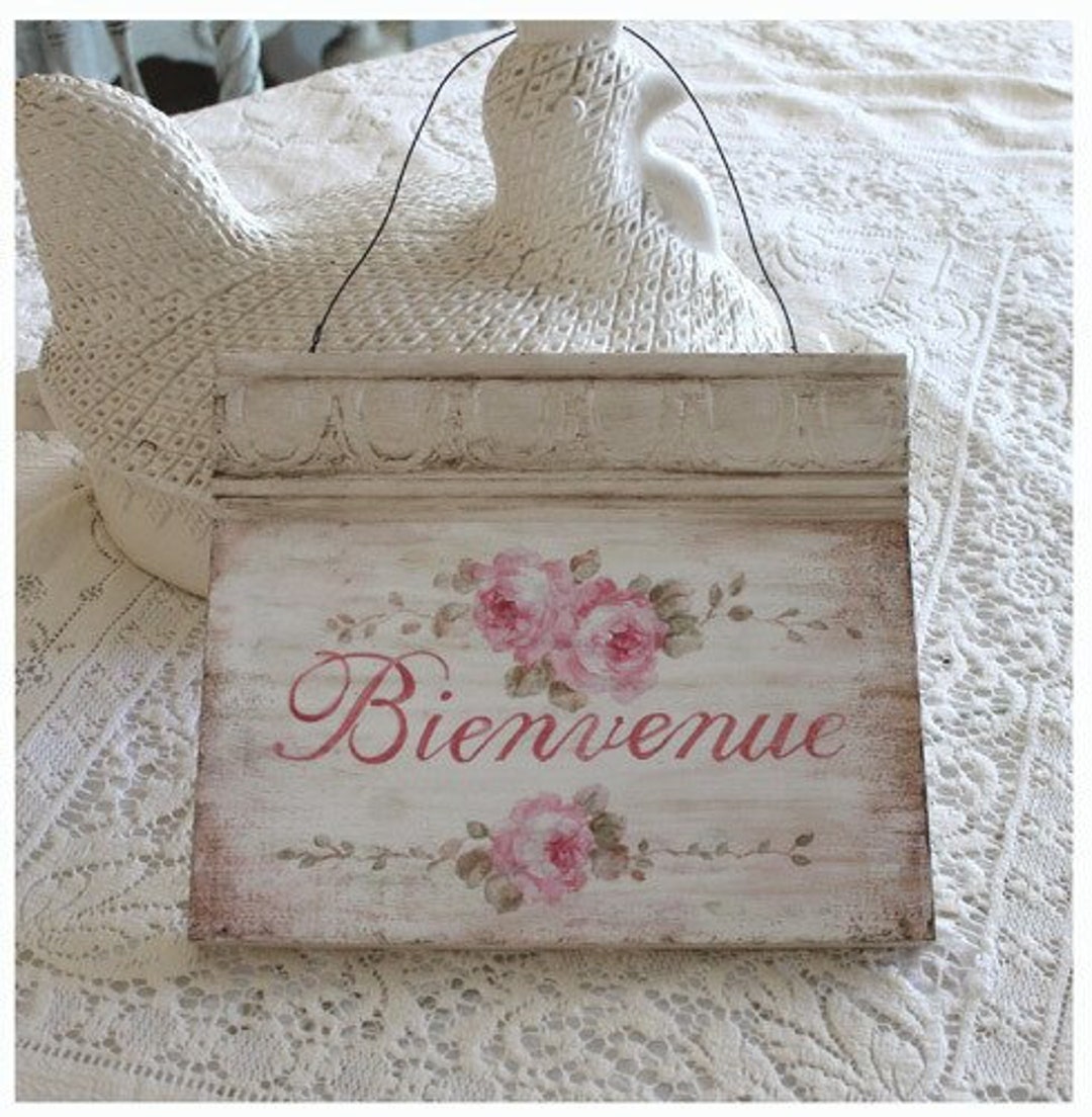 Shabby Chic Pink Roses French Welcome Wood Sign Floral Wall Decor by ...