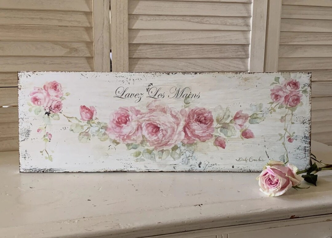 Shabby Chic Pink Roses Wood Print Sign Lavez Les Mains (wash Your Hands ...