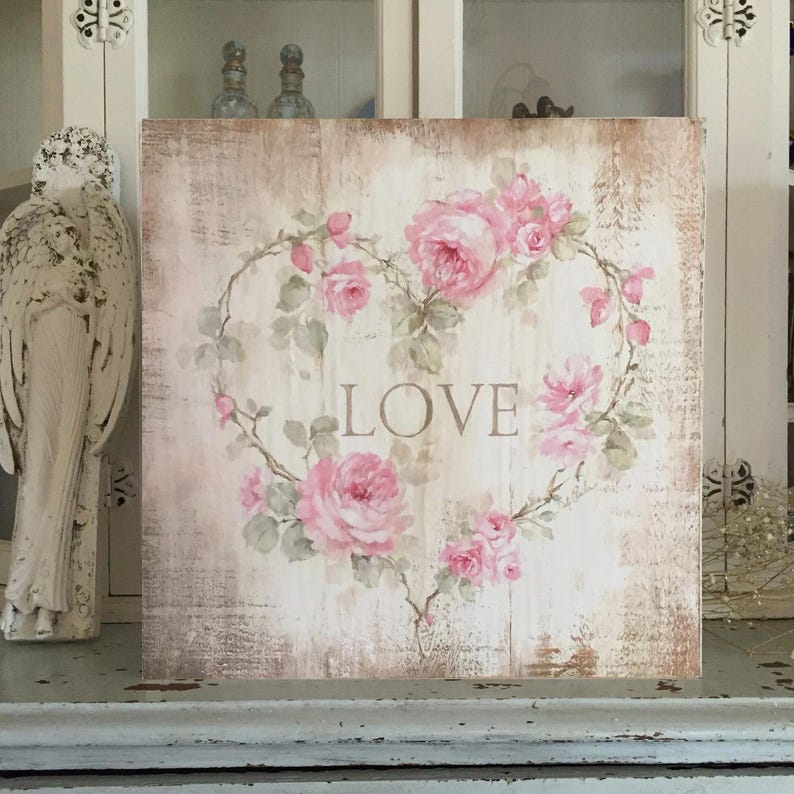 Pink Roses Wooden "love" Sign | Shabby Chic Wall Art by Debi Coules - Etsy