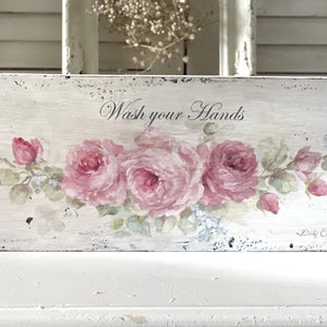 Shabby Chic Pink Roses Wood Print Sign Wash Your Hands Flower - Etsy