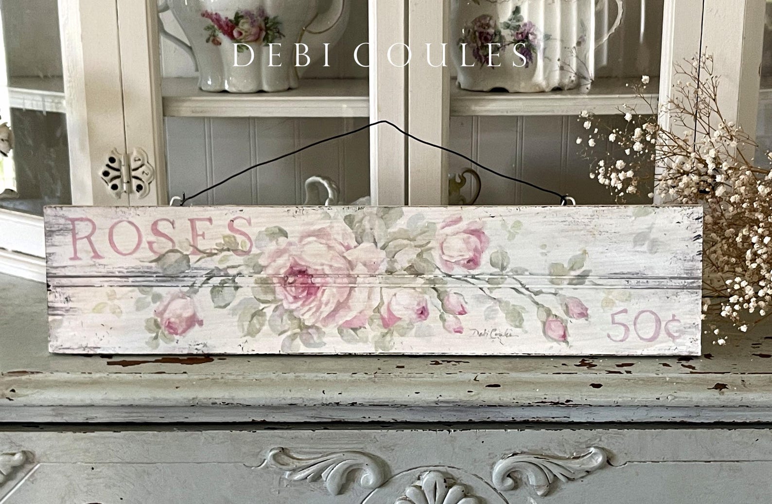 Letrero de madera con rosas estilo shabby chic: arte floral vintage de ...