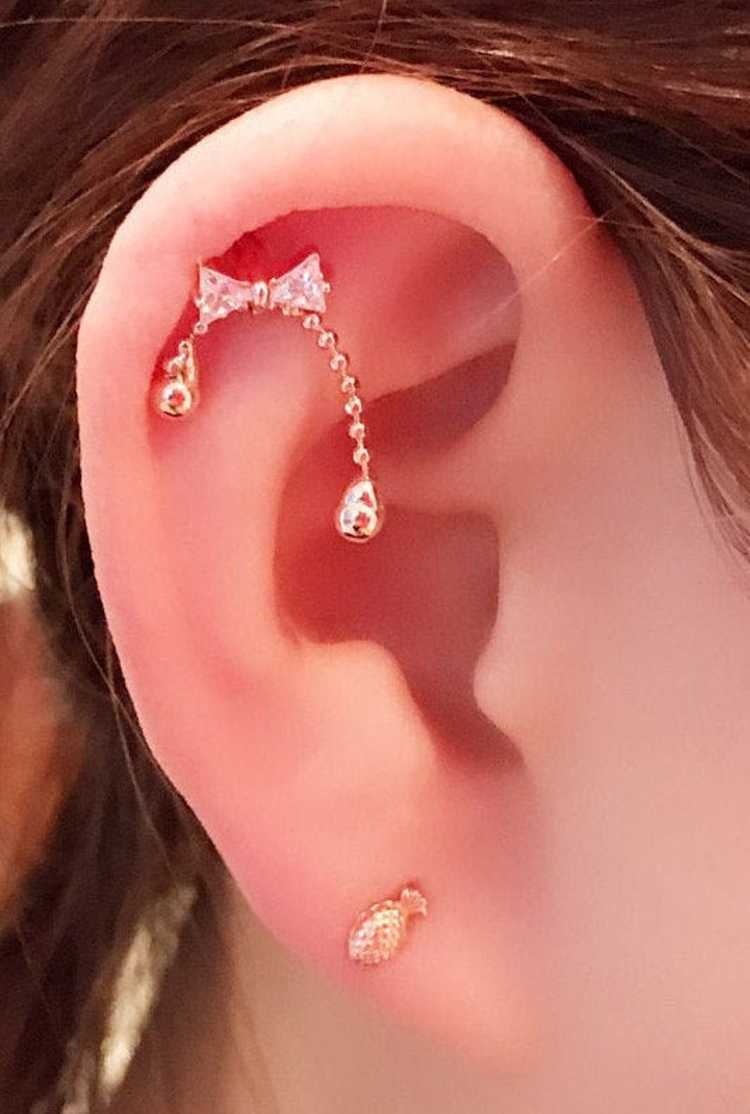 Lovely Ribbon Dangle Piercing Cartilage Earring CZ Stud Ear Piercing ...