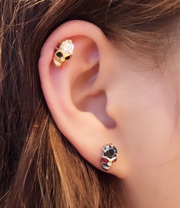Skull With CZ Forehead Piercing /cartilage Earring/cz Stud Ear - Etsy