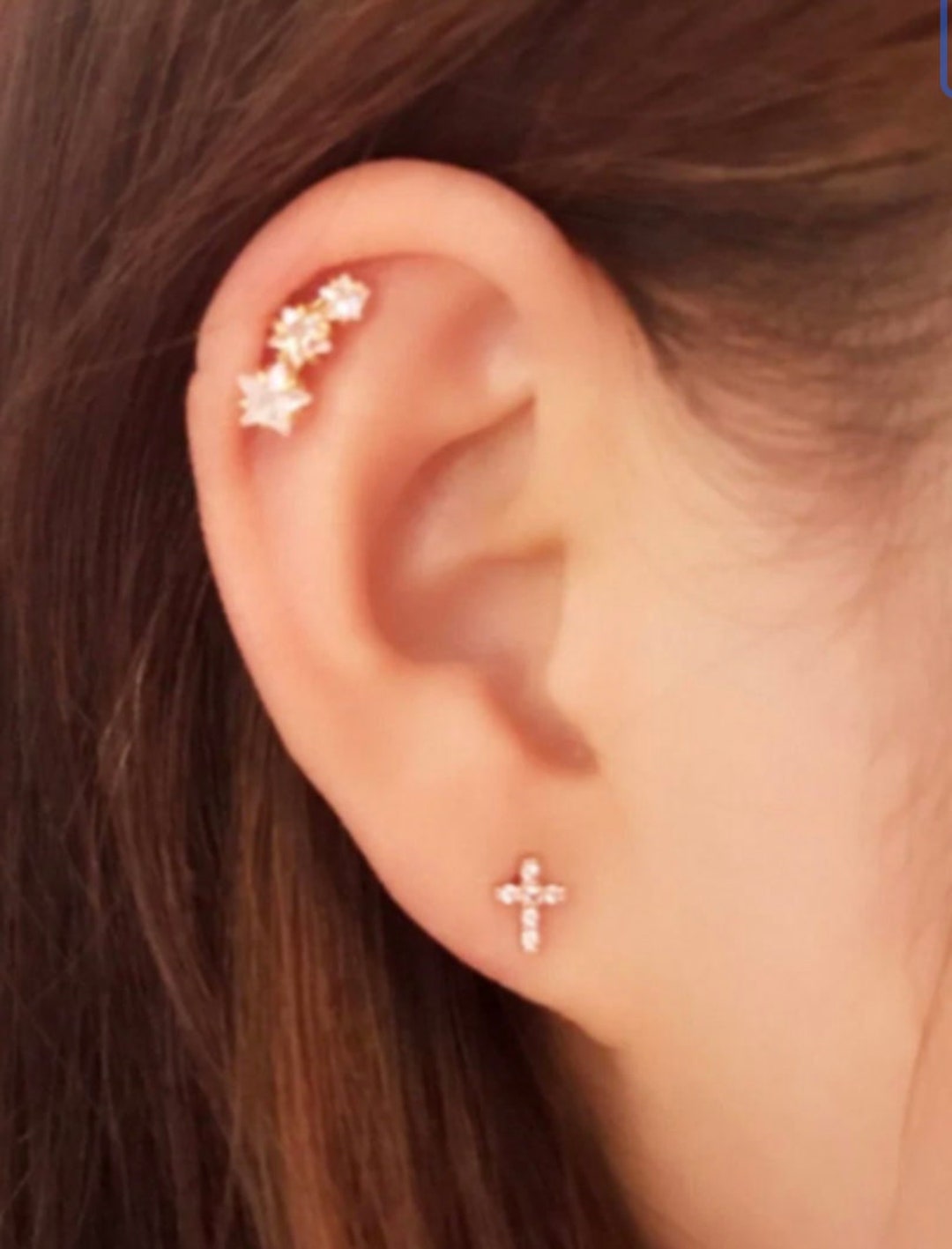 14K Solid Gold CZ Cross Piercing/14k Gold Stud Earring /tragus Piercing ...