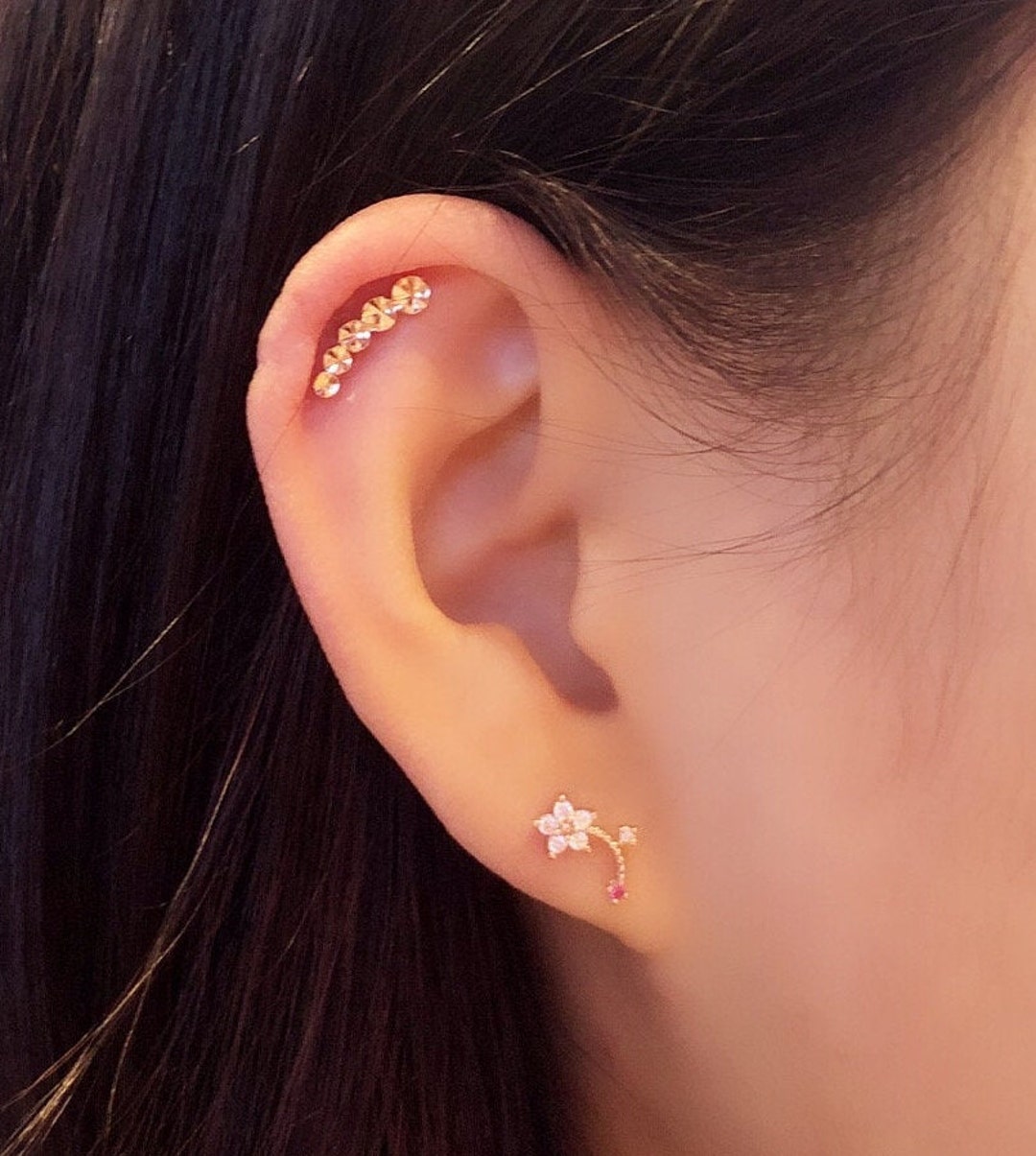 Pink Point Flower 14K Solid Rose Gold Pin Piercing/14k Gold-pin CZ Stud ...