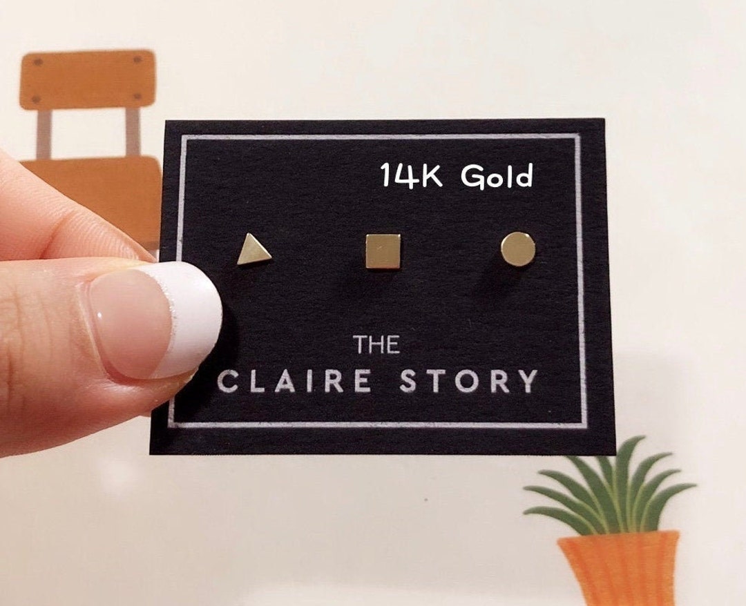 14K Gold Figure Earring Set/14k Solid Gold Earring/14k Gold Triangle ...