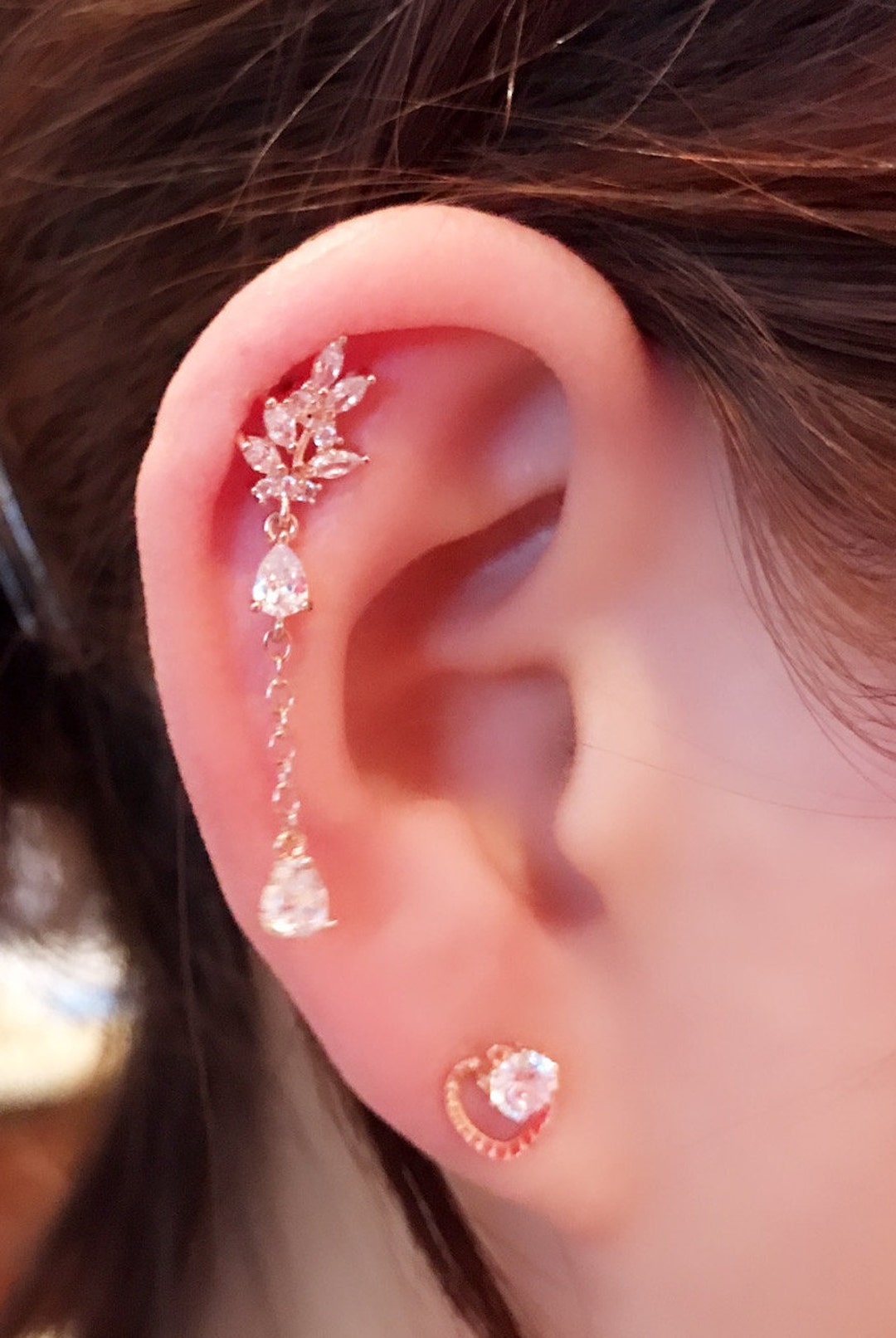 CZ Cluster Leaf Dangle Cartilage Earring: Surgical Steel Helix Piercing ...