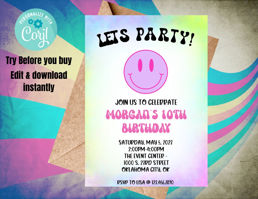 Editable Digital or Printable Retro Smiley Face Birthday Party ...