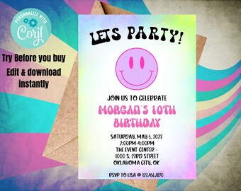 Editable Digital or Printable Smiley Face Retro Birthday Party ...