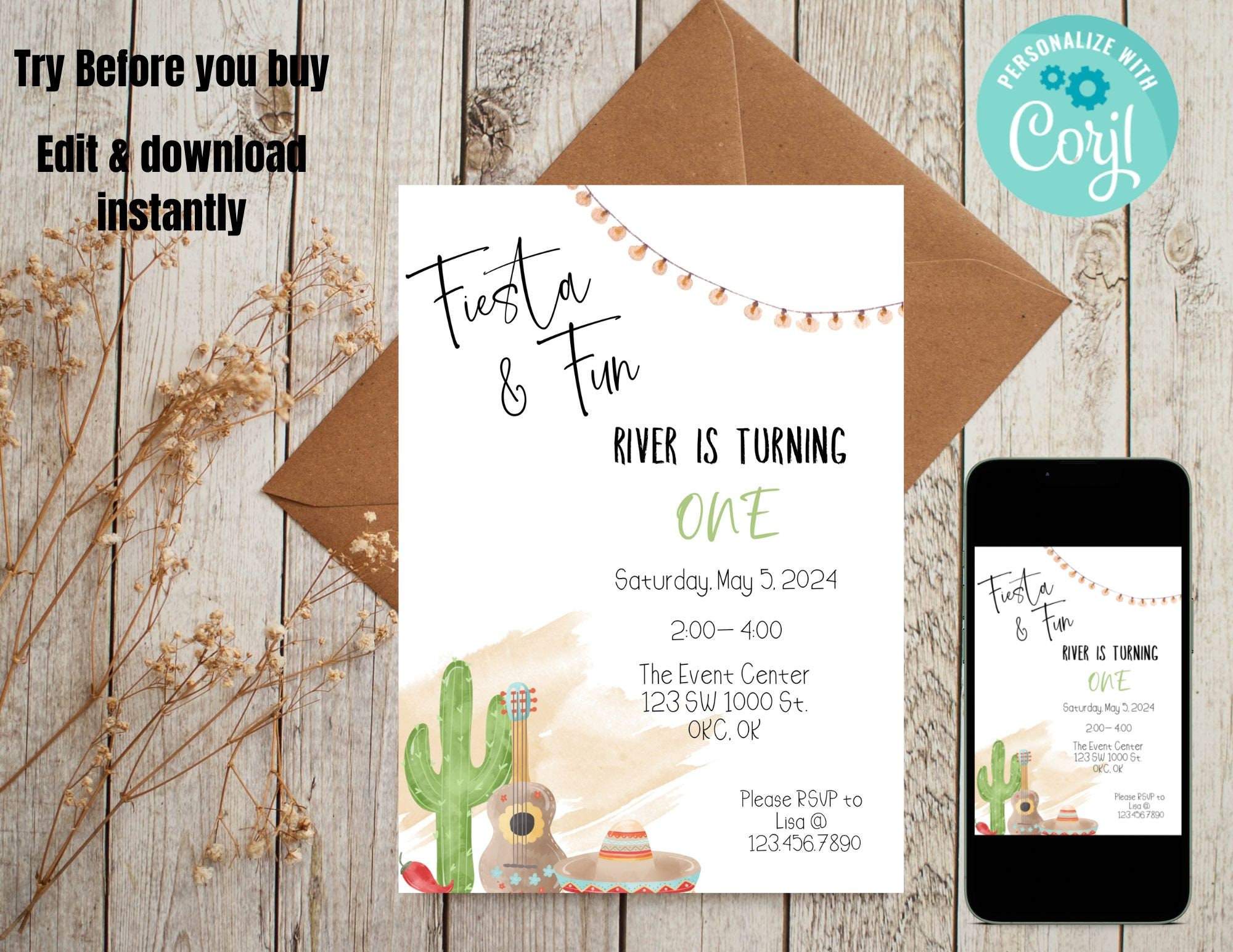 Editable Digital or Printable Fiesta Cactus Birthday Invitation - Etsy