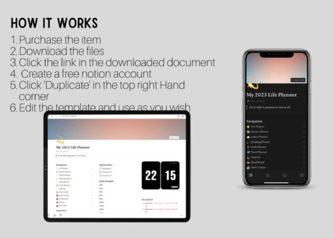 Notion Template, 2023 All in One Template Notion Dashboard, Notion Extended Life Planner ...