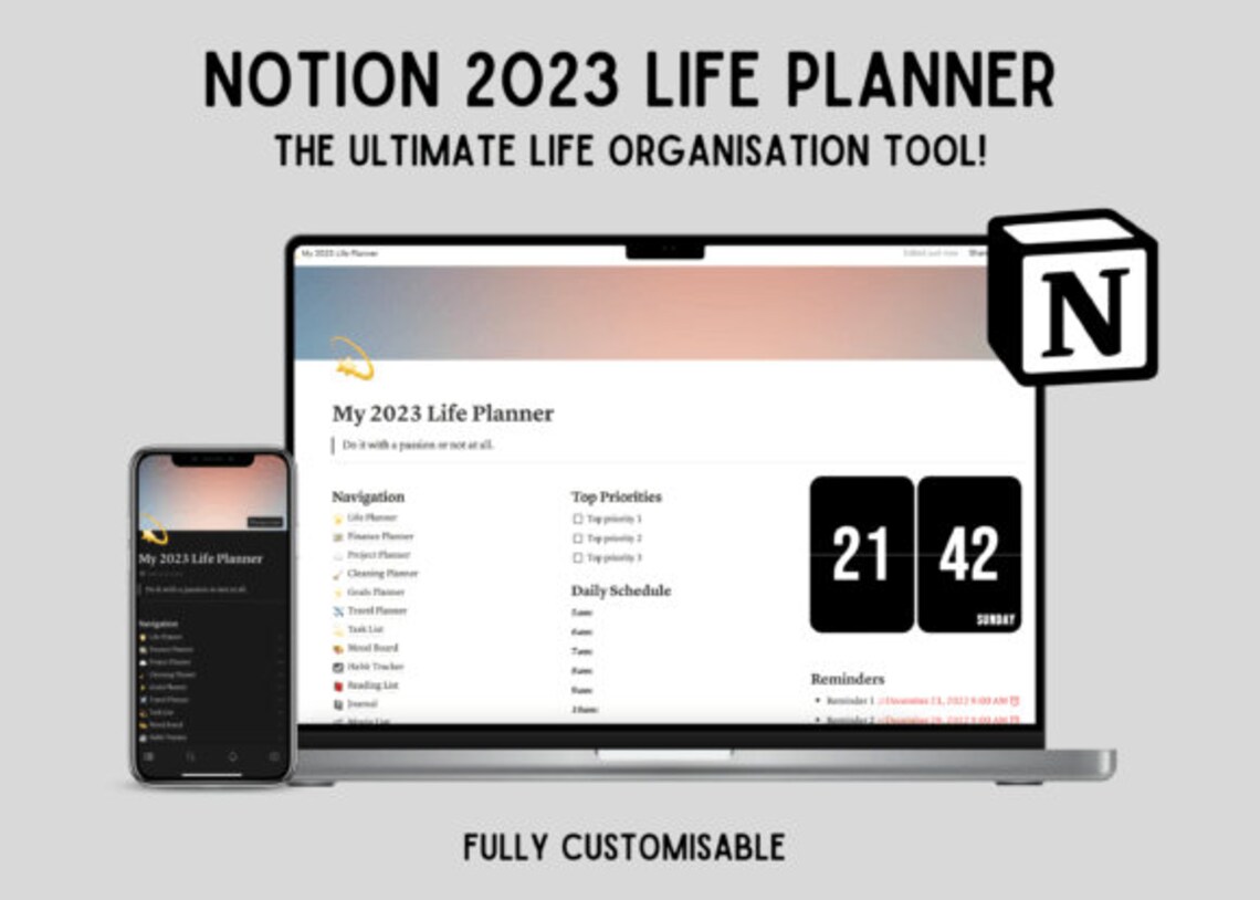 Notion Template, 2023 All in One Template Notion Dashboard, Notion Extended Life Planner ...