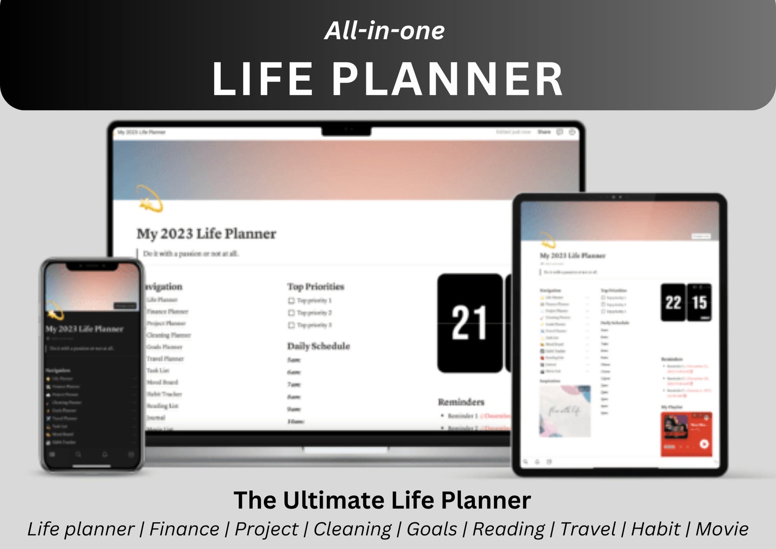 Notion Template, 2023 All in One Template Notion Dashboard, Notion Extended Life Planner ...