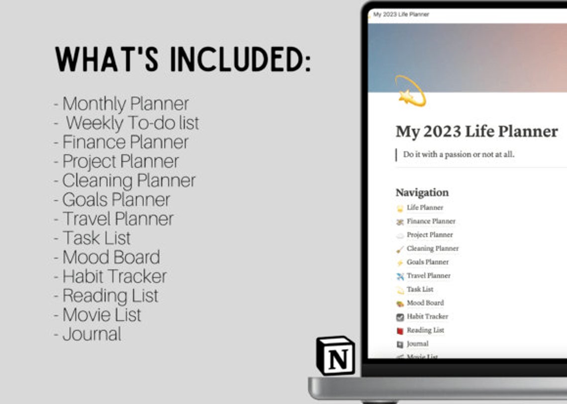 Notion Template, 2023 All in One Template Notion Dashboard, Notion Extended Life Planner ...