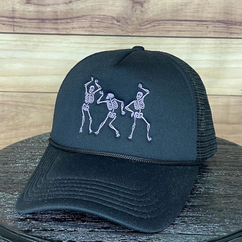 Dancing Skeletons - Embroidered Foam Trucker Hat, Otto Cap, Halloween ...