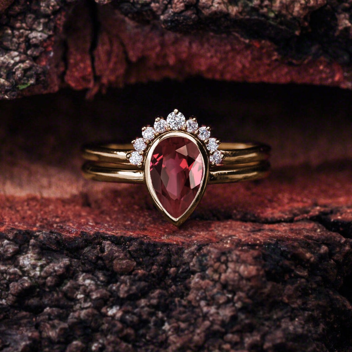 Ruby Engagement Ring Set Rose Gold / Teardrop Bezel Bridal | Etsy