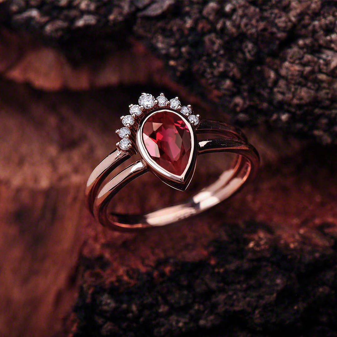 Ruby Engagement Ring Set Rose Gold / Teardrop Bezel Bridal Ring Set ...