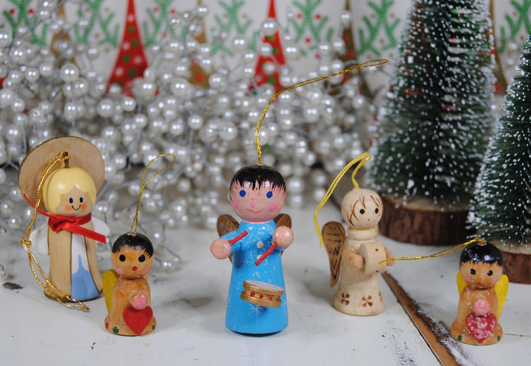 Five Vintage Wood Christmas Tree Ornaments - Angels - Including a 1984 ...
