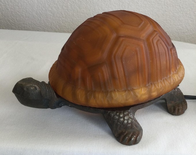 Tiffany Style Amber Glass Shell Turtle Metal Base Accent Lamp ...
