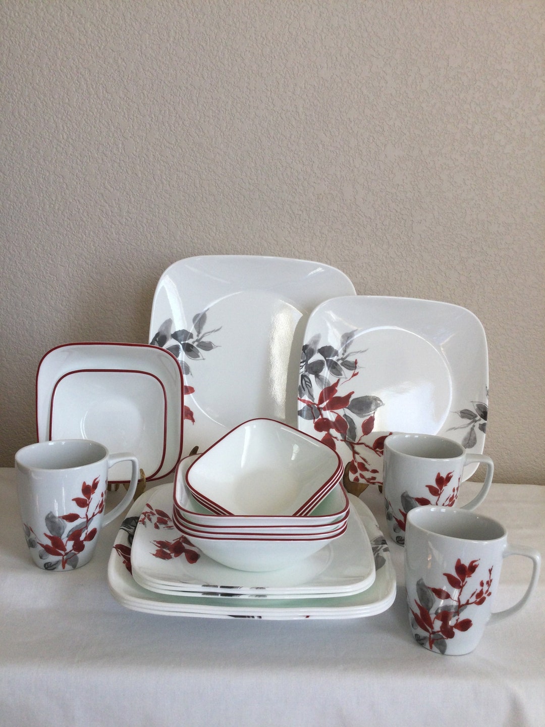20 Pc Set Corelle Kyoto Leaves Square Dinnerware Vitrelle Break Chip ...