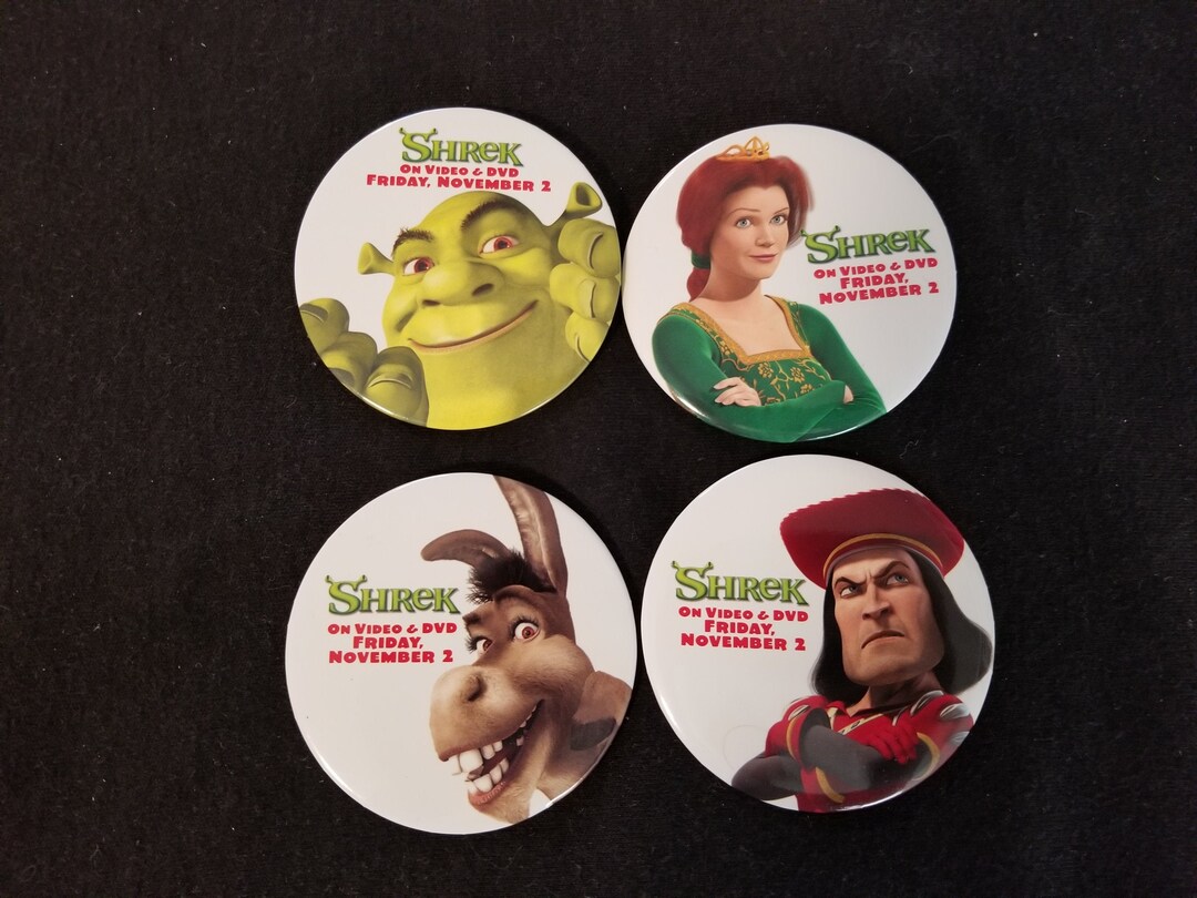 Shrek Movie Video DVD / Pinbacks, Pins, Buttons Assorted Set of 4 ...
