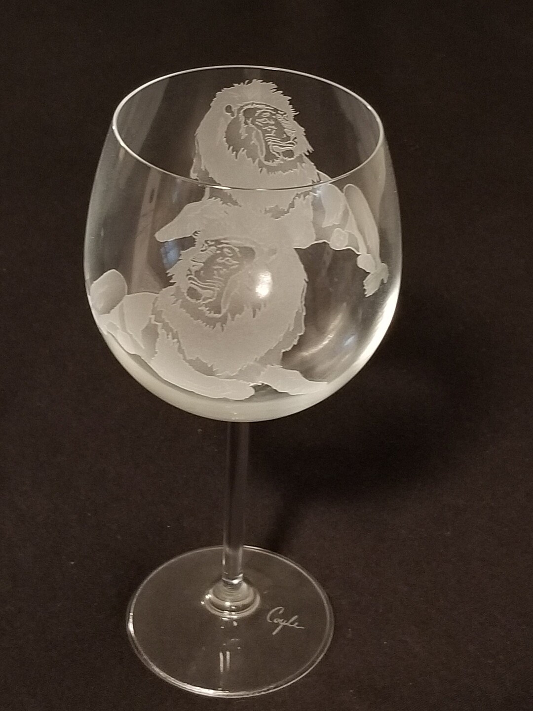 Coyle Etched Double Lion Crystal Wine Glass Signed - Etsy