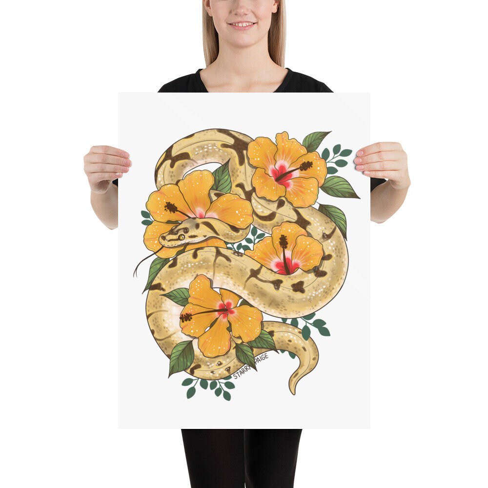 PRINT Ball Python With Hibiscus Flowers Snake Reptile Art - Etsy