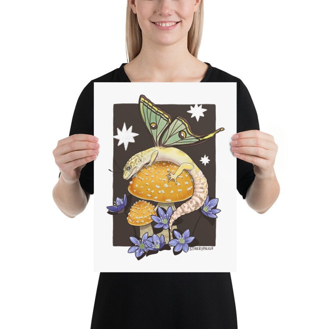 PRINT Fairy Leopard Gecko on Fly Agaric Mushroom With Spanish Moon Moth ...