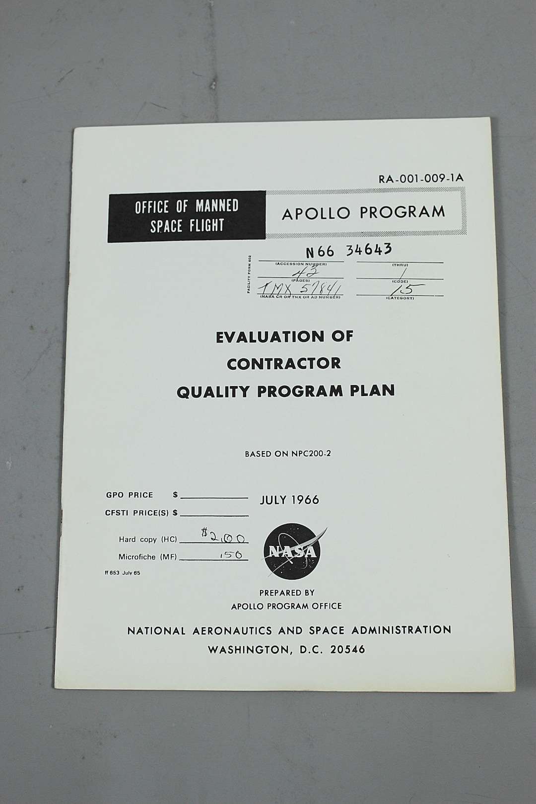 APOLLO Program Evaluation of Contractor Quality Program Plan 1966 ...