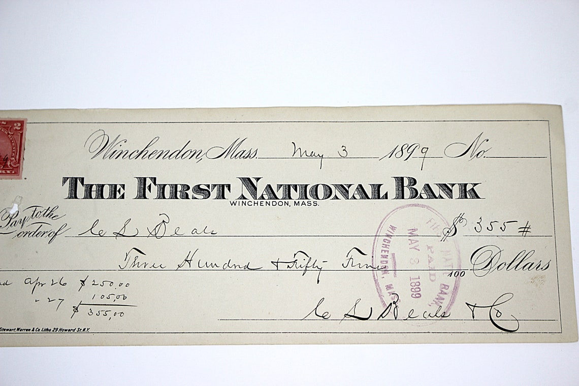 Vintage FIRST NATIONAL Bank Check of Winchester Mass 1899 - Etsy