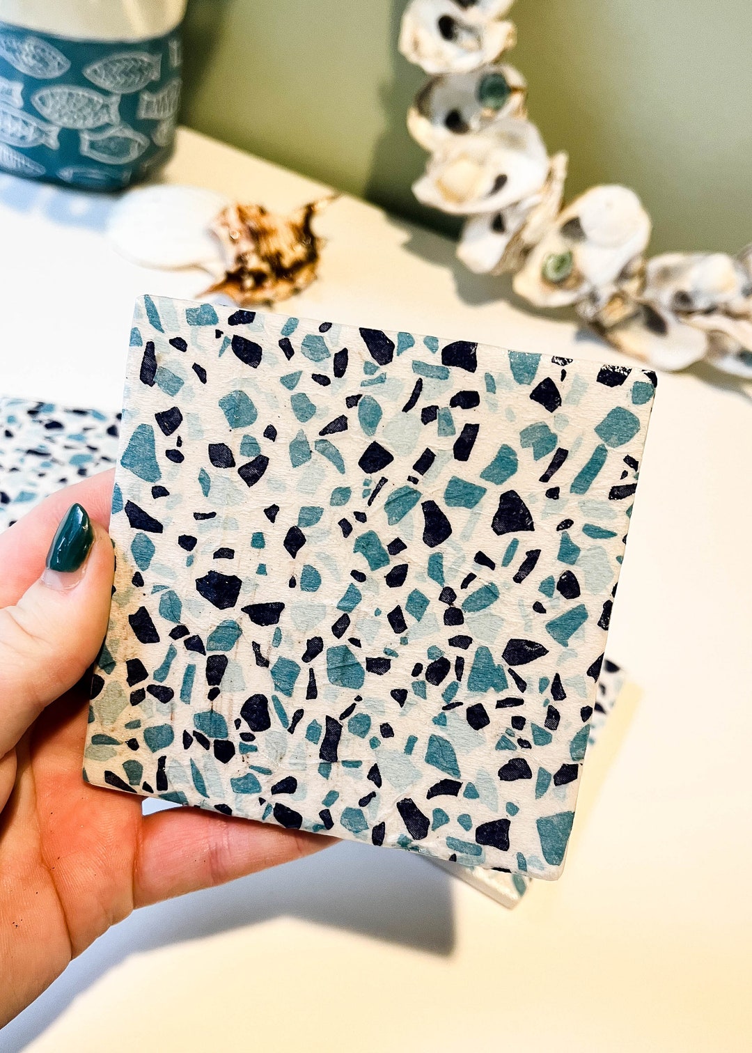 Coastal Mosaic Speckled Ceramic Coaster Set - Etsy