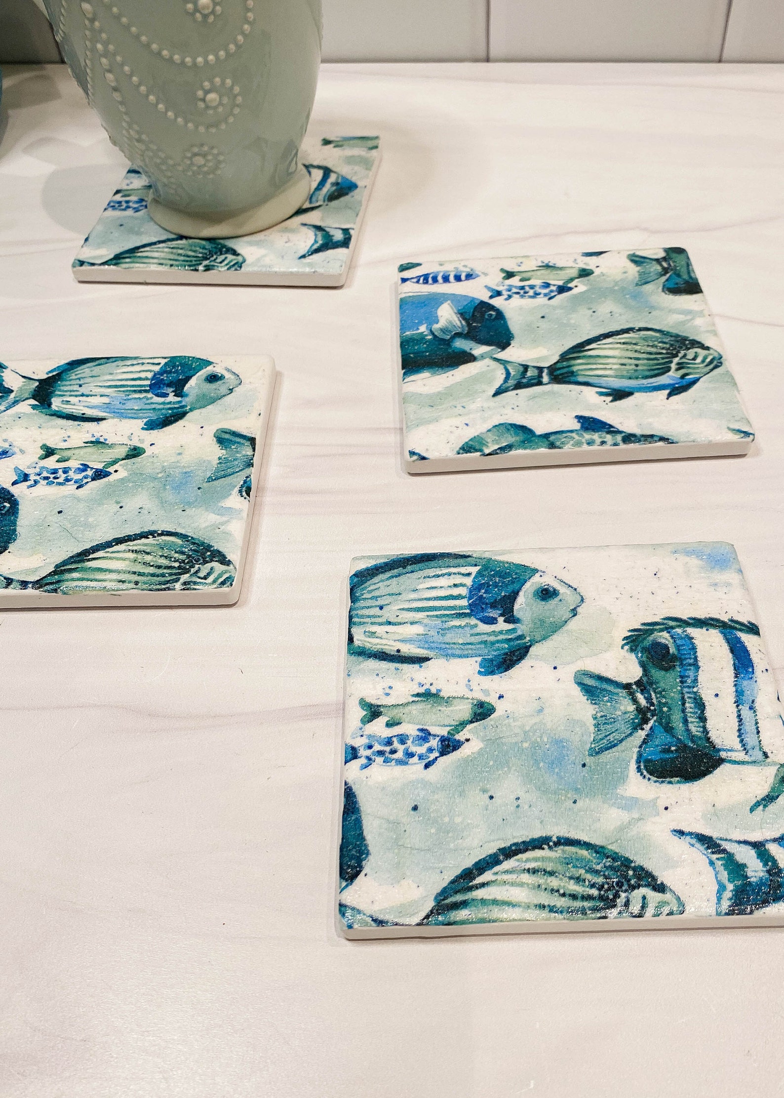 Blue Fish Ceramic Coaster Set - Etsy