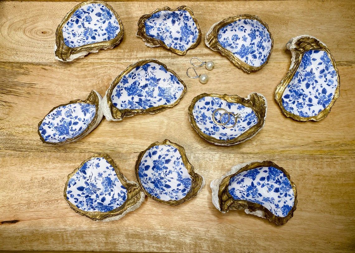 Blue Florals Oyster Shell Ring Dish in Gift Box - Etsy