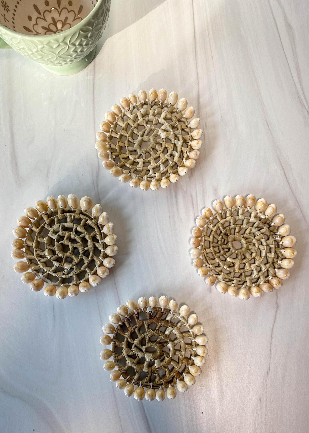 Wicker & Cowrie Shell Coasters Set - Etsy