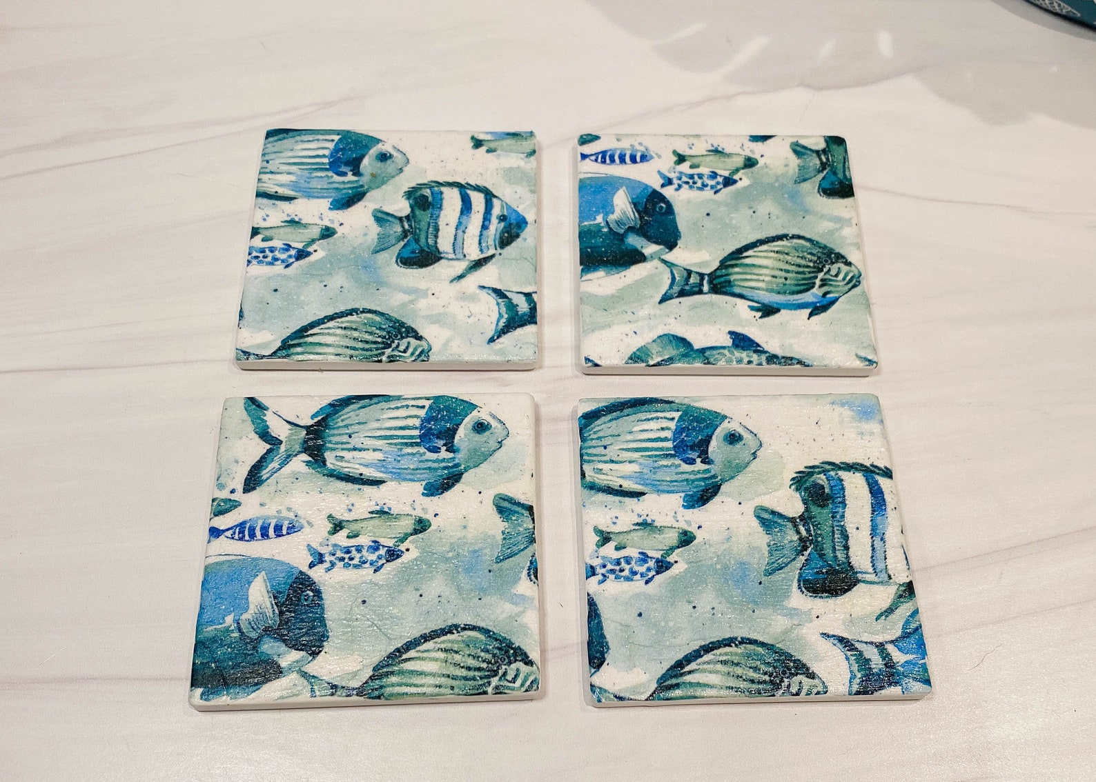 Blue Fish Ceramic Coaster Set - Etsy