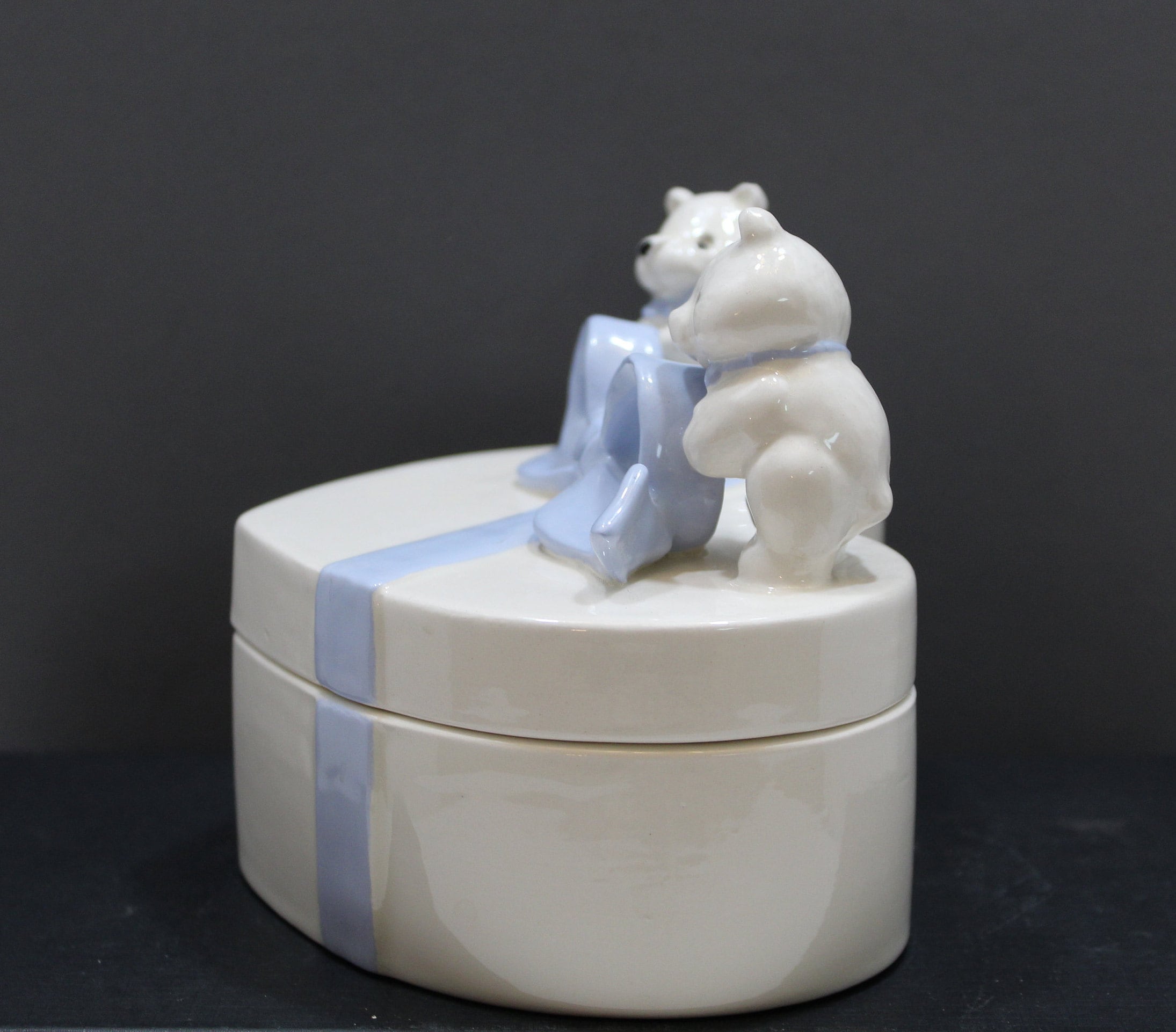Heart Shaped Lidded White Ceramic Trinket Jewelry Box Pale Blue Ribbon ...
